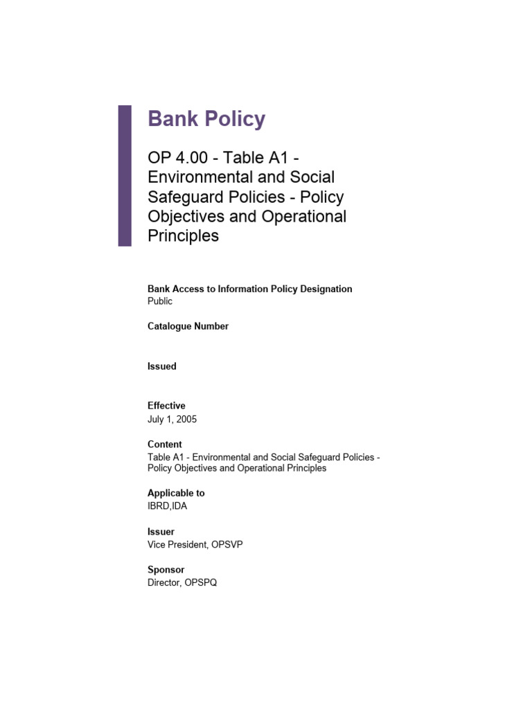Environmental and Social Safeguard Policies Policy Objectives and ...