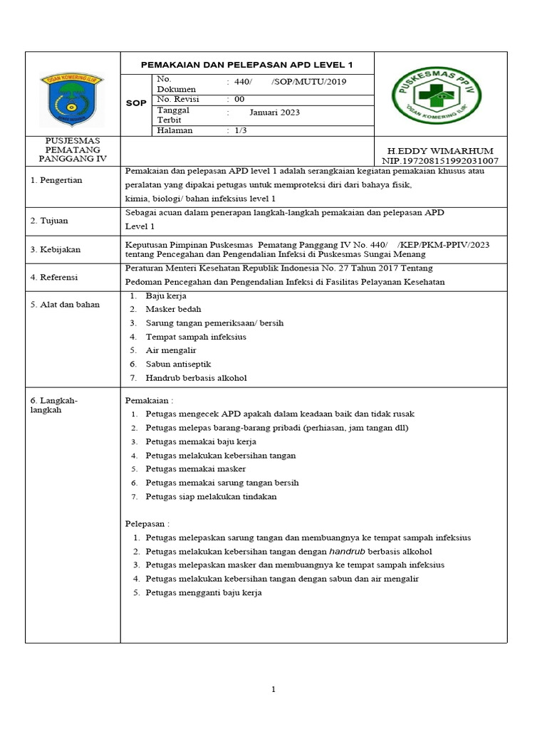 5.3.3 A Sop Pemekaian Dan Pelepasan Apd Level 1 | PDF
