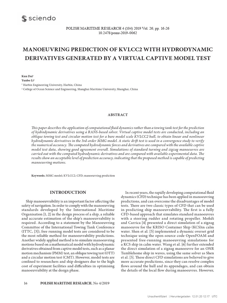 Manoeuvring Prediction of KVLCC2 With Hydrodynamic | PDF | Computational Fluid Dynamics | Fluid ...