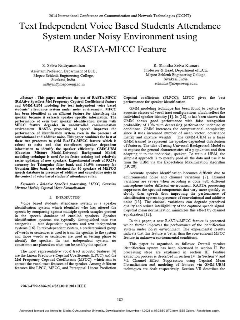 2 Text Independent Voice Based Students Attendance System Under Noisy Environment Using RASTA ...