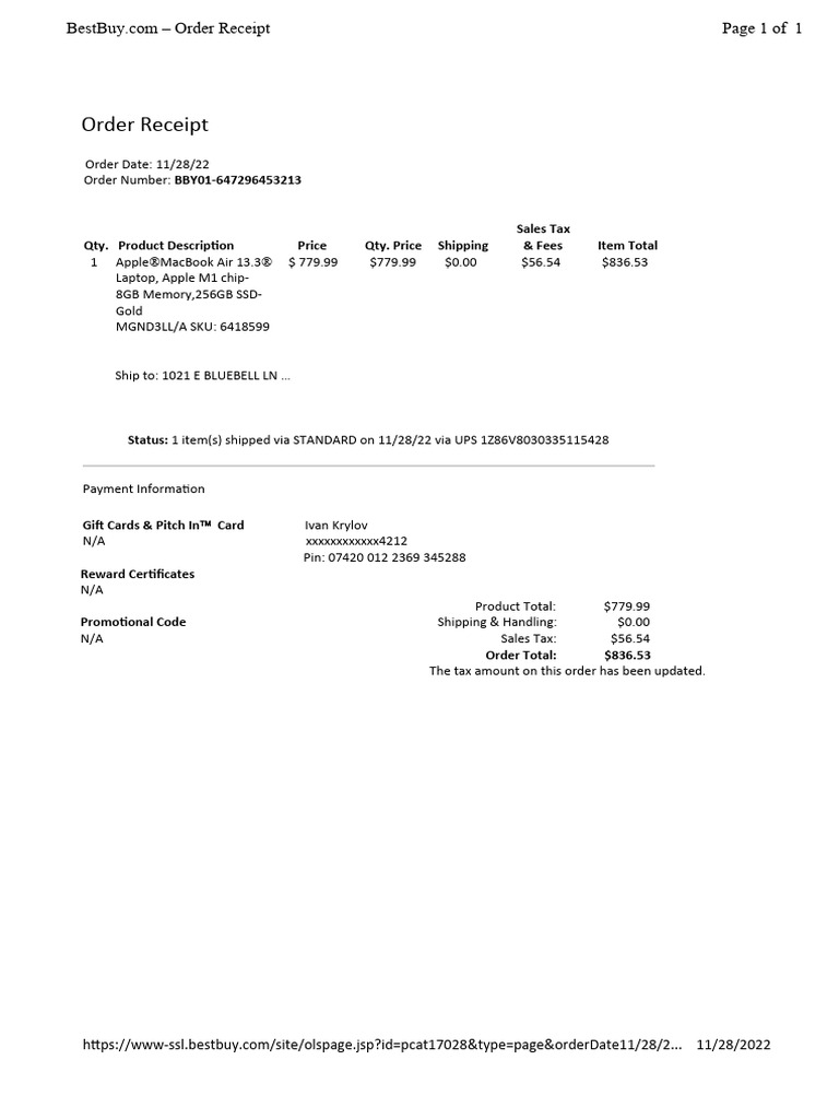 Best Buy Order Receipt Example | PDF