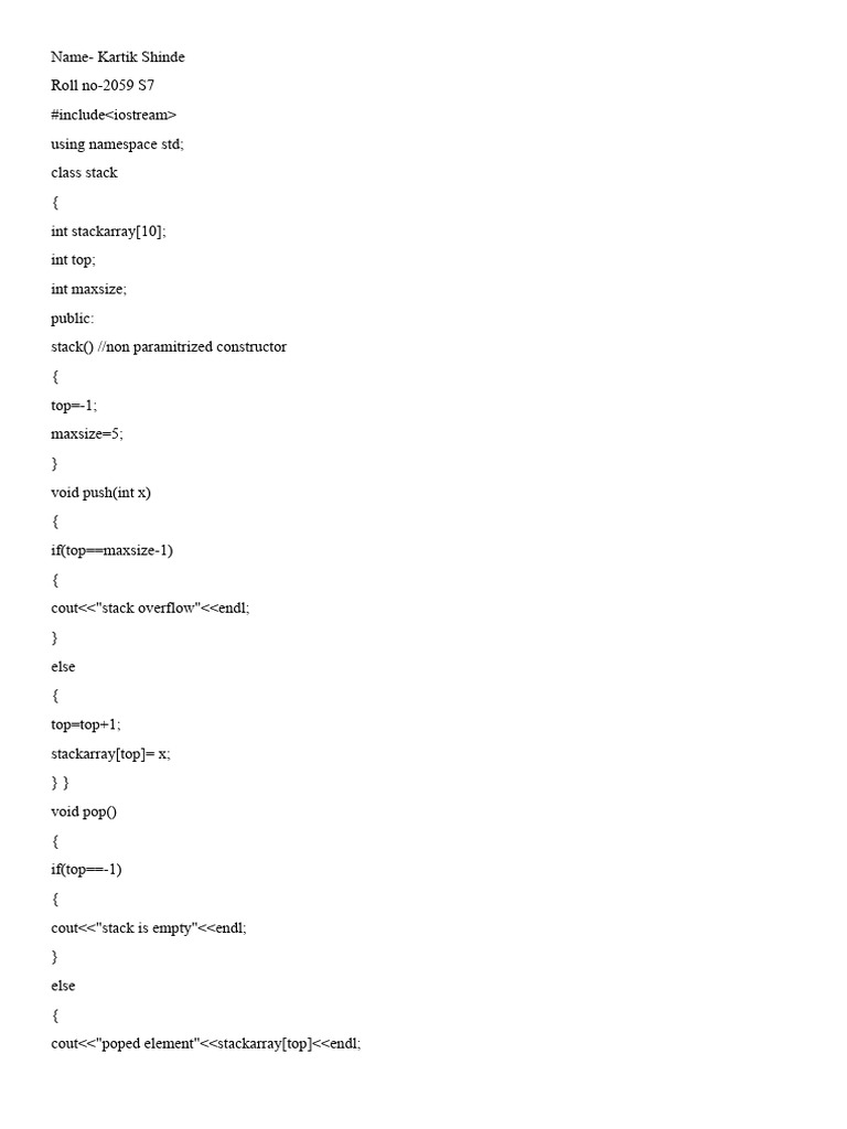 C++ Stack Implementation Example | PDF