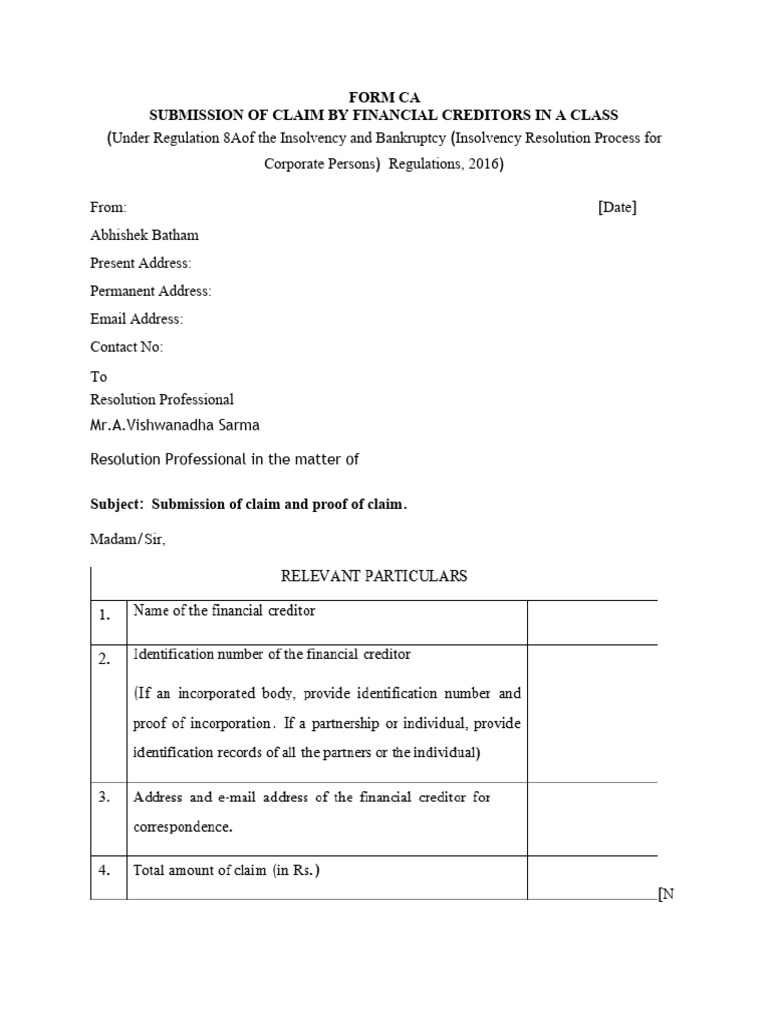 Form Ca | Download Free PDF | Bankruptcy | Creditor
