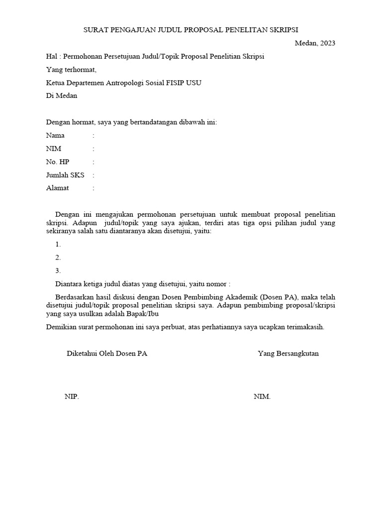 Surat Pengajuan Judul Proposal | PDF