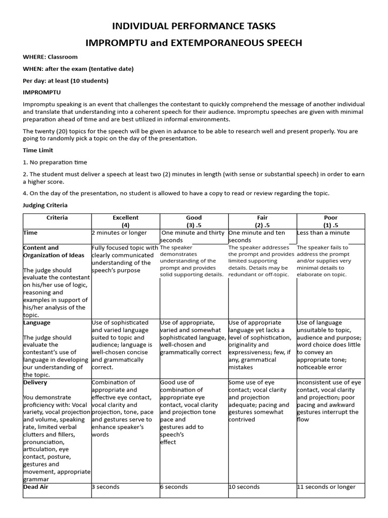 Rubrics Topics For Impromptu and Extemporabeous Speech 2 | PDF ...