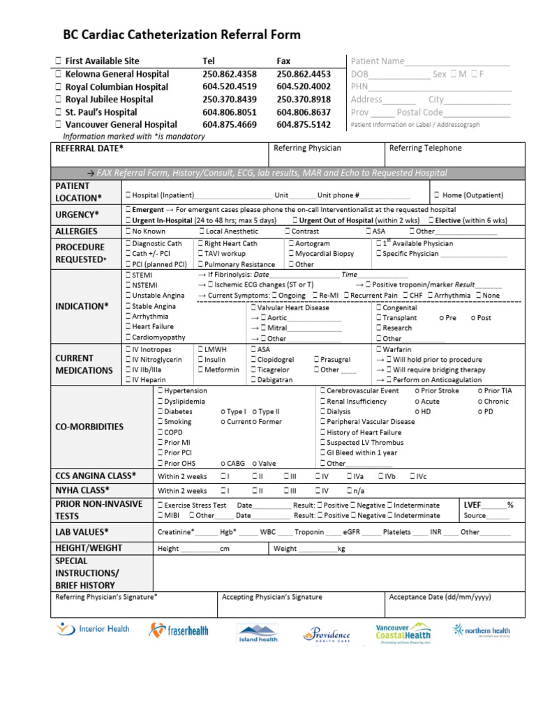 BC Cardiac Catheterization Referral Form | PDF | Myocardial Infarction ...