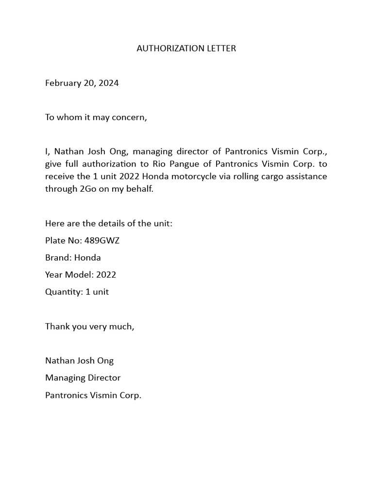 Authorization Letter - Rio Motorcyle | PDF