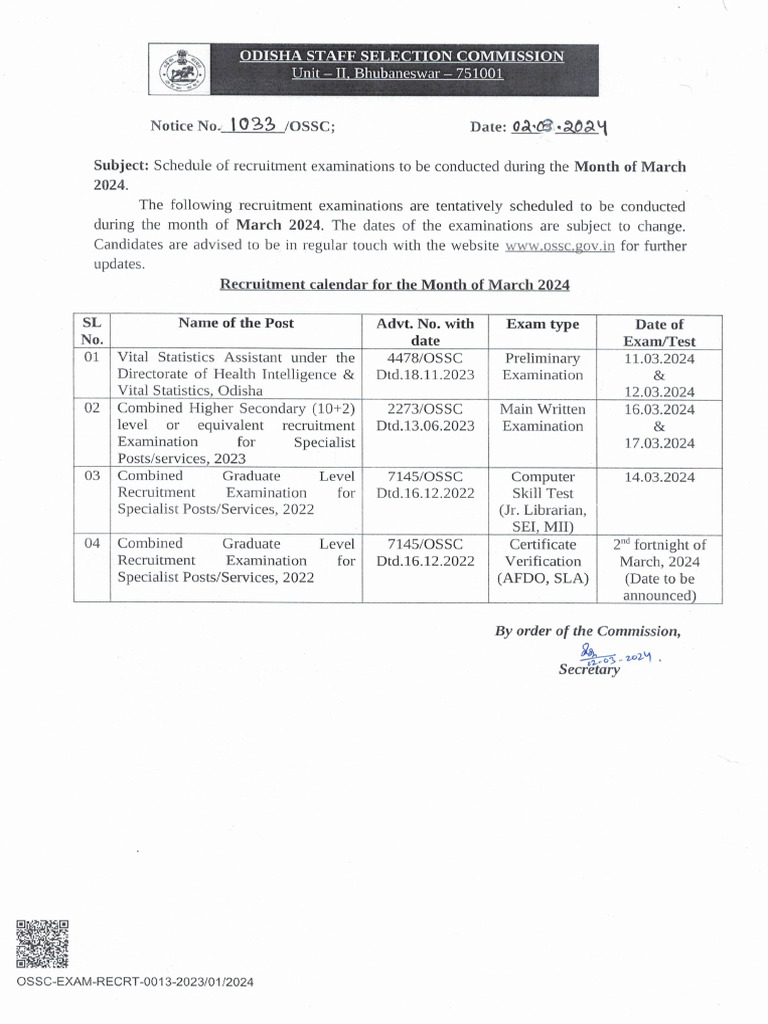 Exam Calender For The Month of March 2024 | PDF