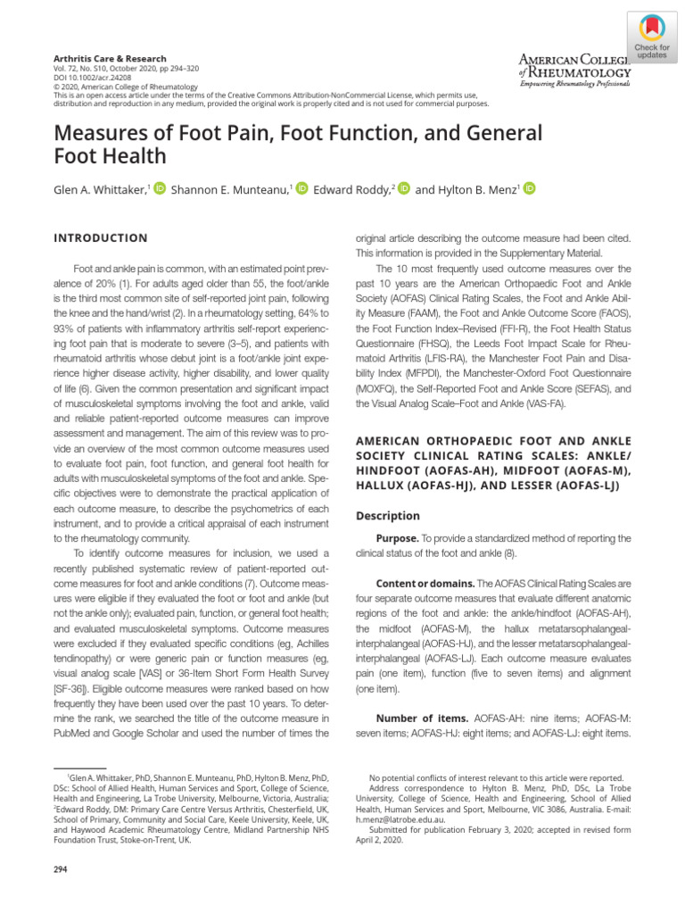 Measures of Foot Pain Foot Function and General Fo | PDF | Validity ...