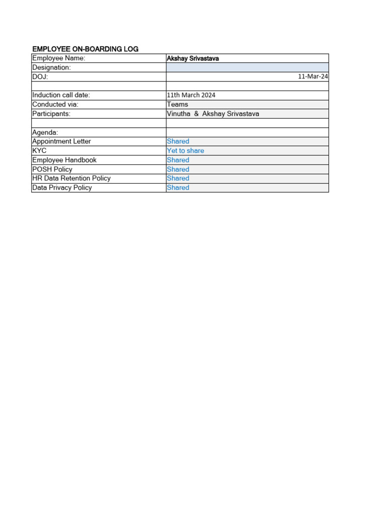 Employee On-Boarding Log | PDF
