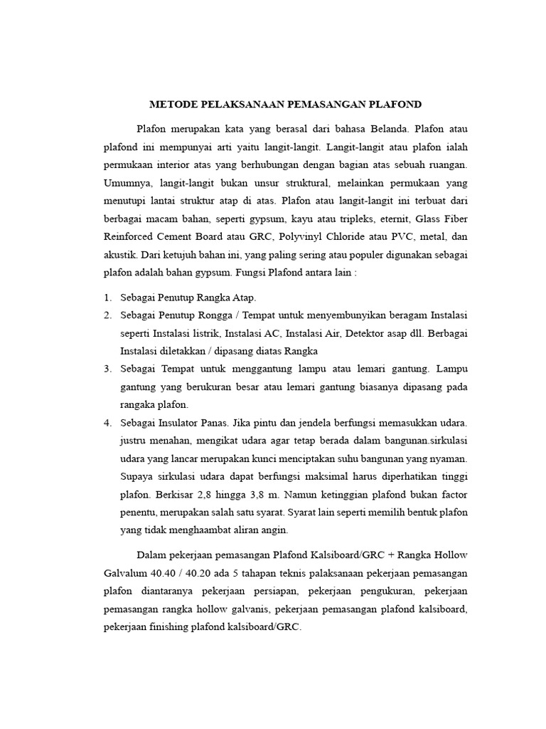 Metode Pelaksanaan Pemasangan Plafond | PDF