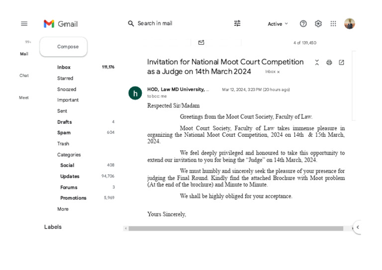 Invitation For National Moot Court Competition As A Judge On 14th March ...