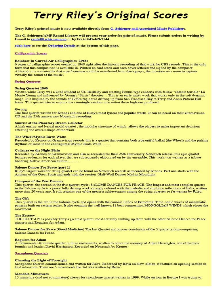 Terry Riley Music Scores Available | PDF | Orchestras | Choir