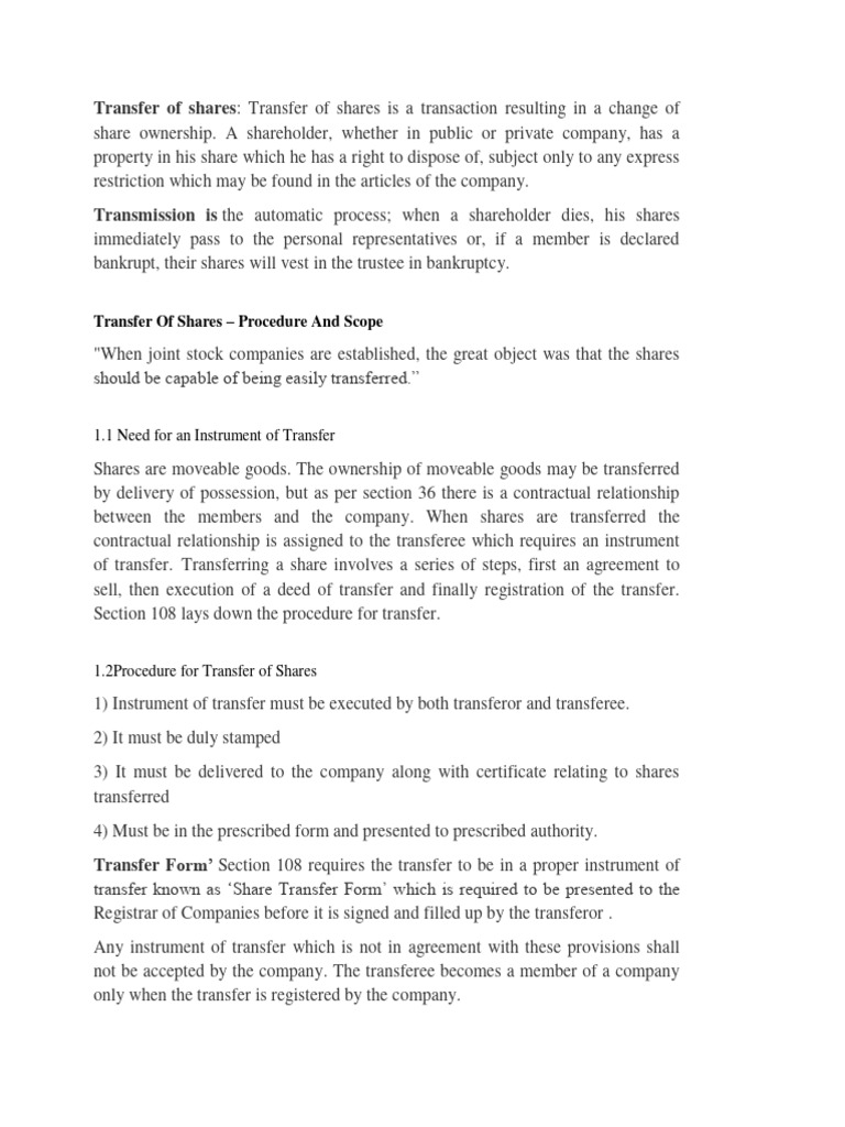 Transfer and Transmission of Shares Guide | PDF | Share (Finance ...