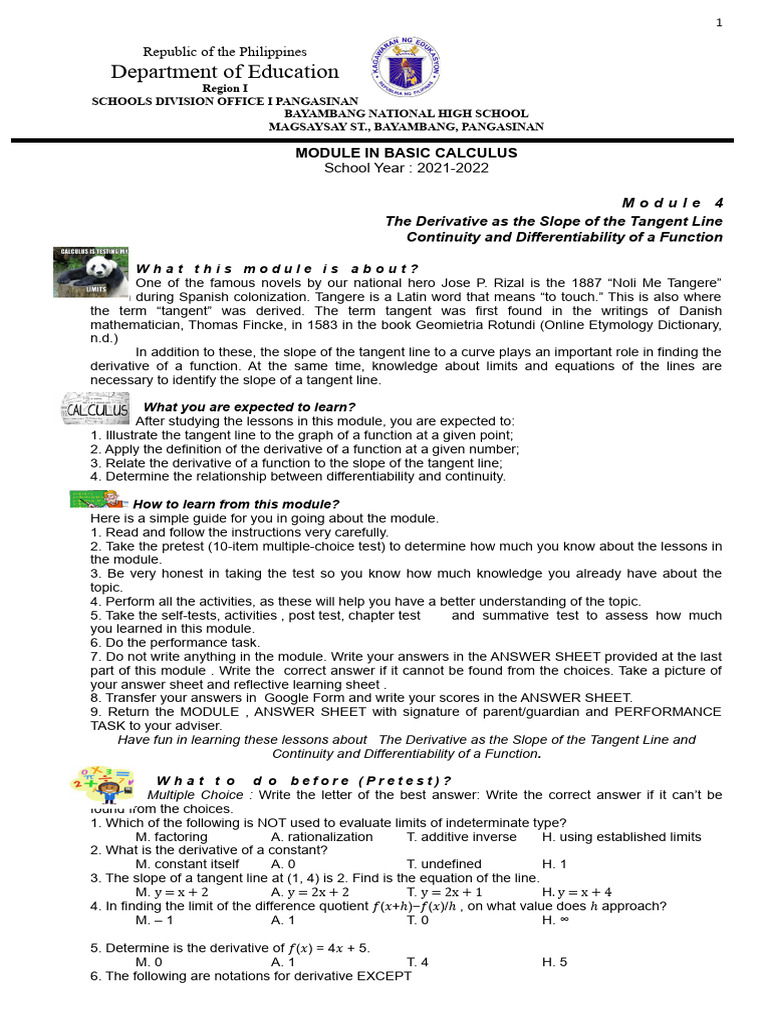 Module 4 The Derivative As The Slope Of The Tangent Line Sy2021 2022 Pdf Tangent Derivative