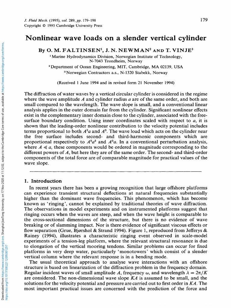 1995 - JFM - Nonlinear Wave Loads On A Slender Vertical Cylinder | PDF