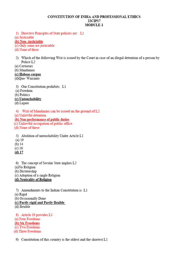 22CIP17 - Module-1 2023-24 SEE | PDF | Writ | Constitution