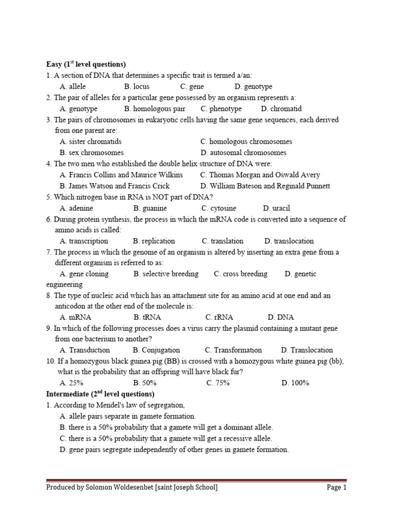 Grade 11 Genetics Practice Questions | PDF | Meiosis | Gene