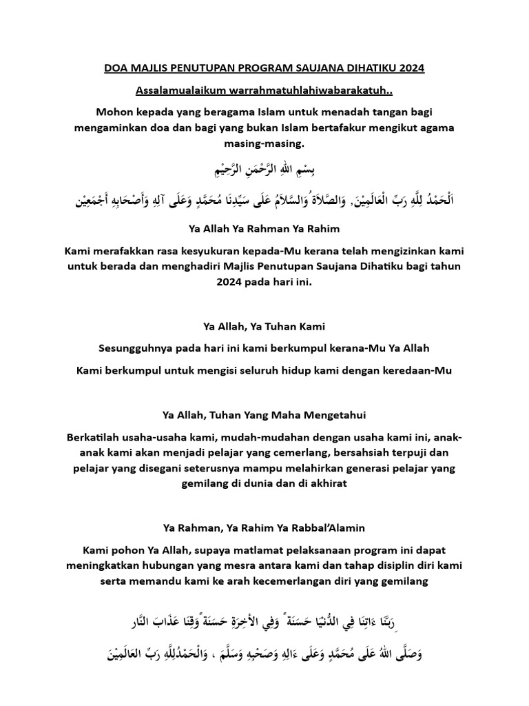 Doa Majlis Penutupan Minggu Riang Ria Saujana Dihatiku | PDF
