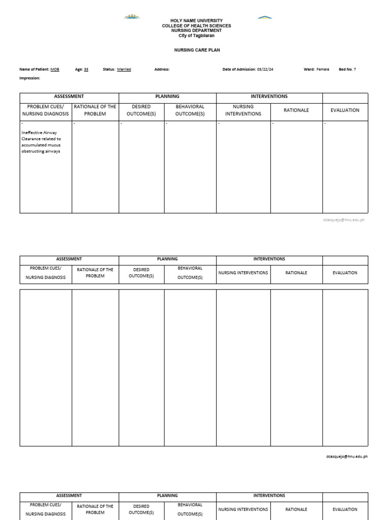 Nursing Care Plan Form For Retdem | PDF | Nursing | Health Care