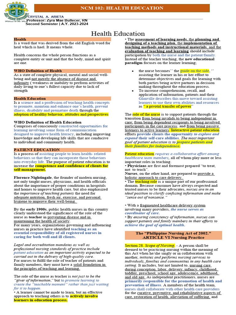 Health Education | PDF | Learning | Nursing