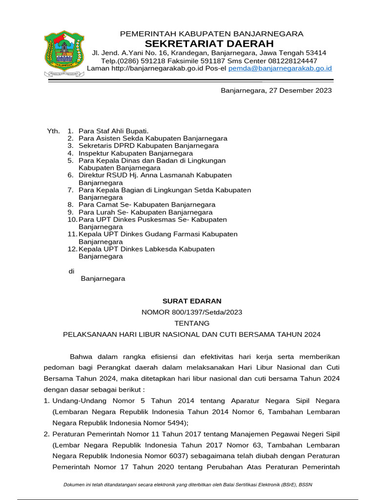 Surat Ke Desa Libur Dan Cuti Bersama Tahun 2024 Dari Setda | PDF