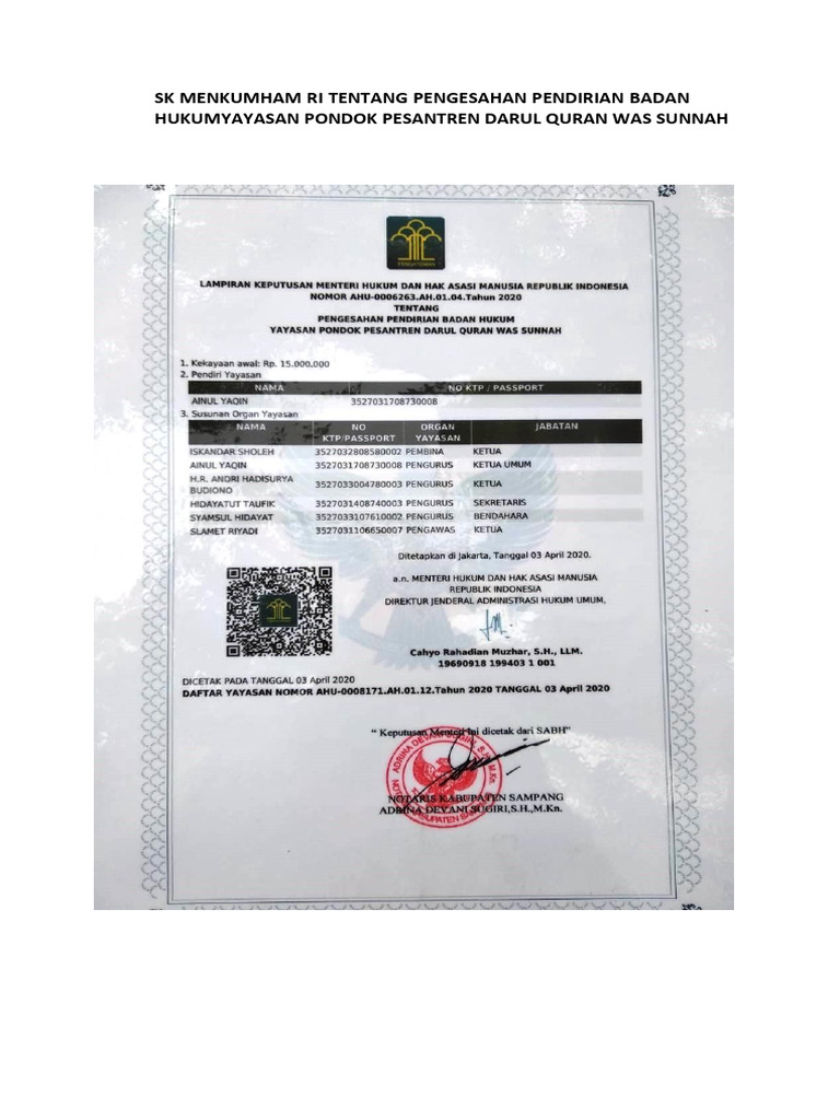 SK Menkumham Ri Tentang Pengesahan Pendirian Badan Hukum Yayasan Pondok Pesantren Darul Quran ...