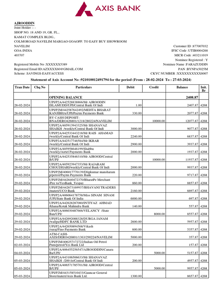 Axis Bank Statement: Feb-Mar 2024 | PDF | Banks | Debit Card