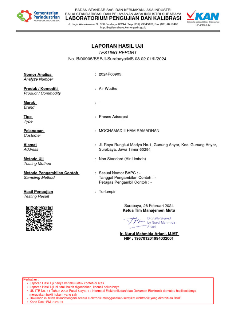 Laboratorium Pengujian Dan Kalibrasi: No. B/00905/BSPJI-Surabaya/MS.08.02.01/II/2024 | PDF