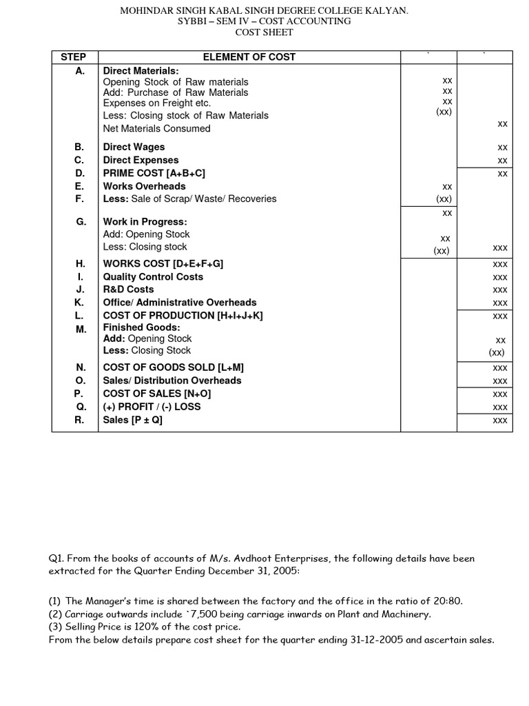 COST SHEET | PDF | Cost Accounting | Cost