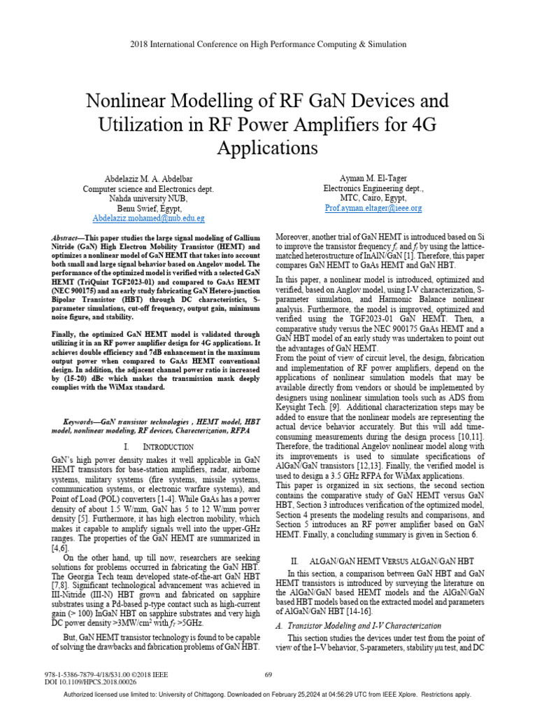 Nonlinear Modelling of RF GaN Devices and Utilization in RF Power Amplifiers For 4G Applications ...