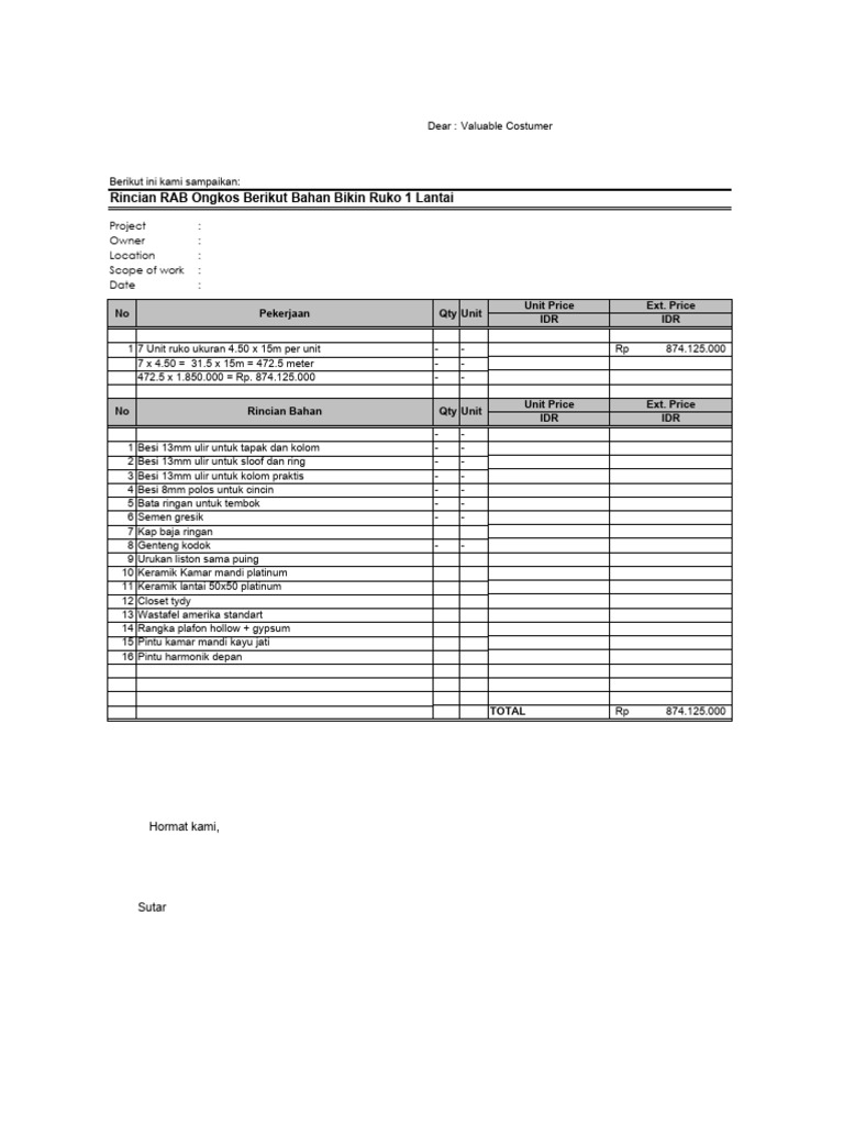 RAB Ruko 1 Lantai | PDF