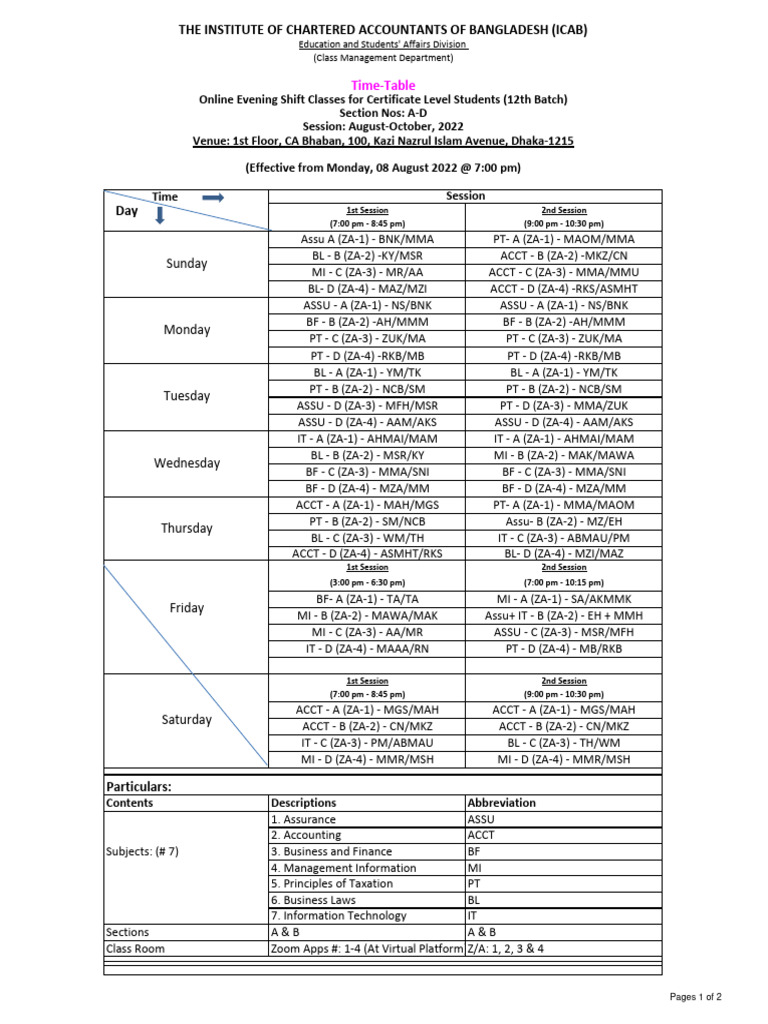 (Set-2), Time Table For CL (12B) - Aug-Oct-2022 | PDF | Bangladesh