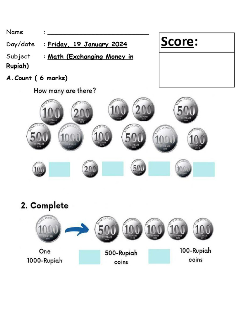 Exchanging Money in Rupiah Worksheet | PDF