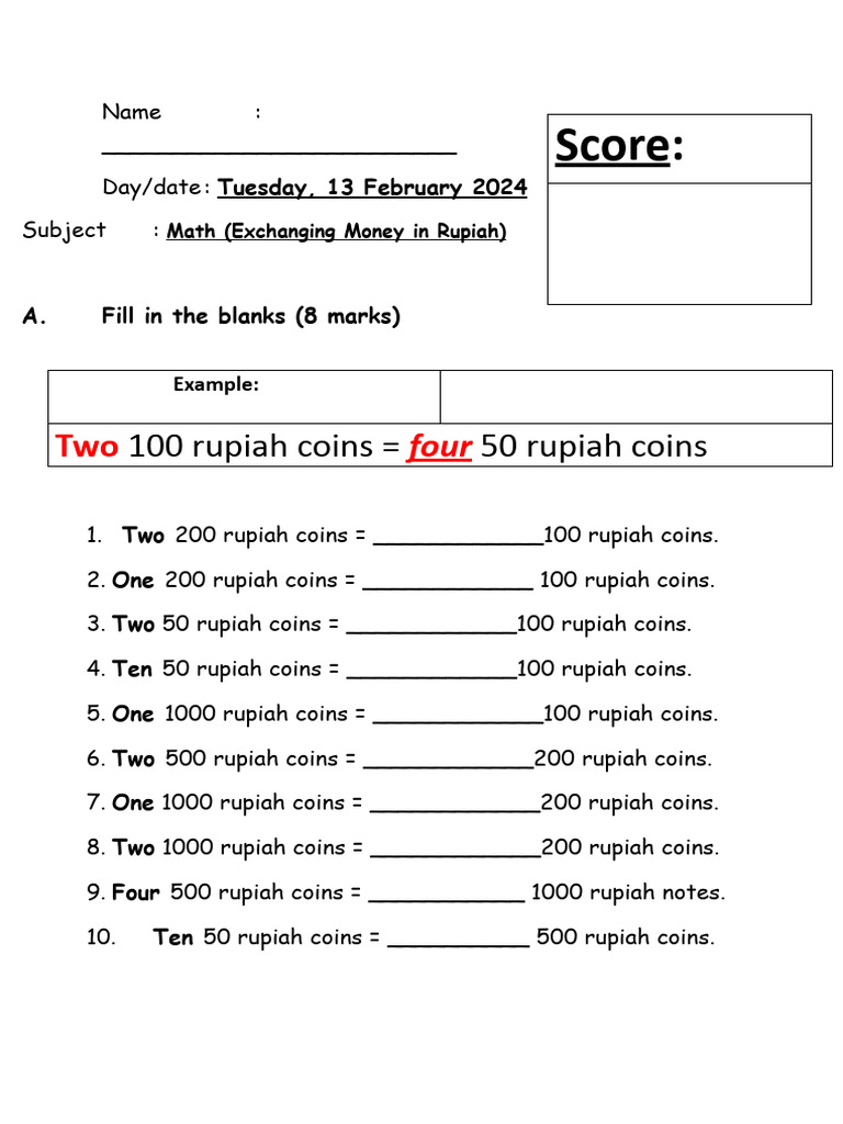 Math - Exchanging Money in Rupiah - 2 | PDF