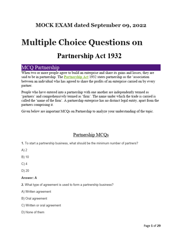 Multiple Choice Questions On Partnership Act 1932 With Answers-Dt. Sept 09,2022 | PDF ...