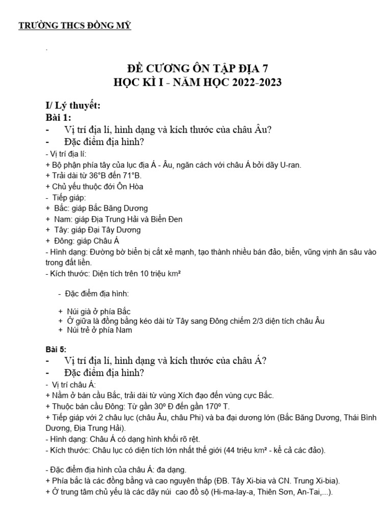 ĐỊA 7 đề cương ôn tập HK 1 (22-23) | PDF
