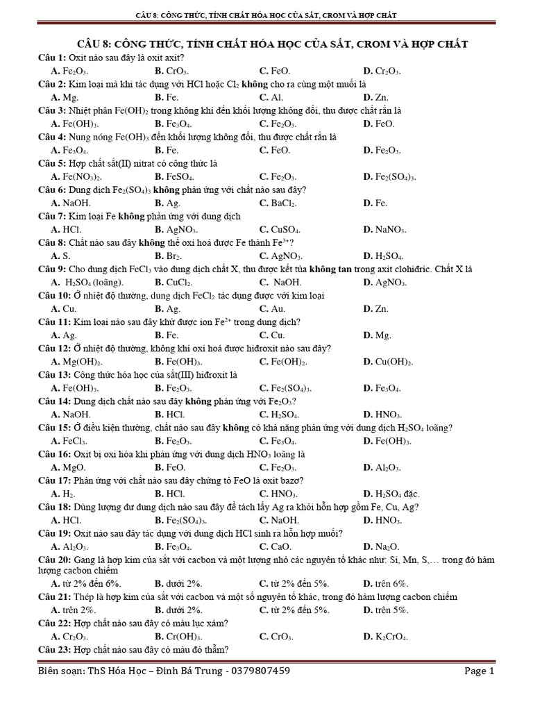 8. CÔNG THỨC, TÍNH CHẤT HÓA HỌC CỦA SẮT, CROM | PDF