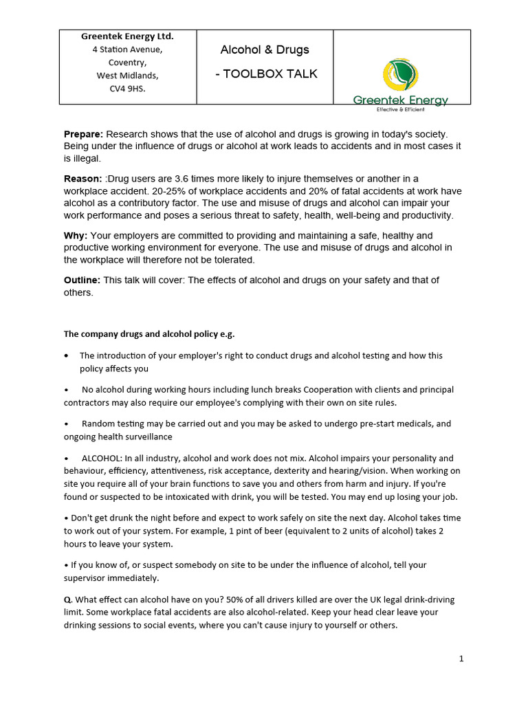 Alcohol and Drugs Toolbox Talk | PDF