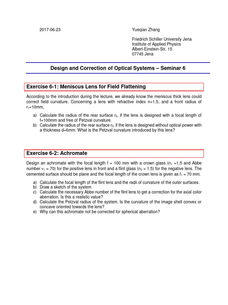DCS17 - Exercise Seminar 6 - Design and Correction of Optical Systems ...