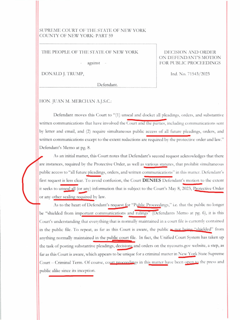 Judge Merchan Denies Public Access To Trial Docket in New York | PDF
