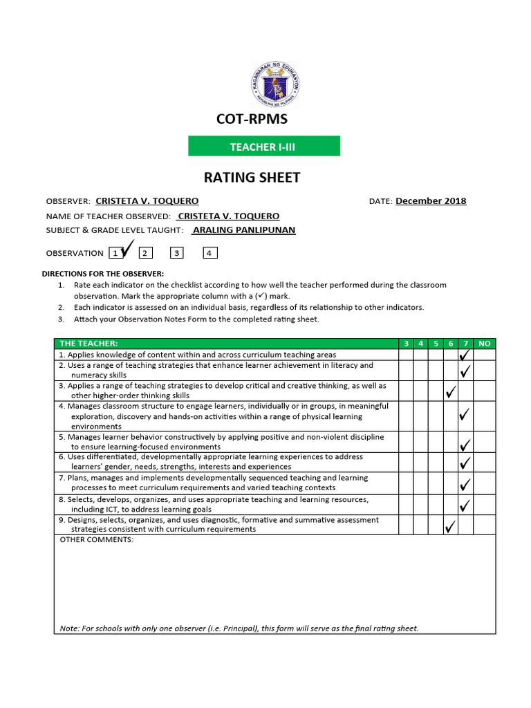 Cot Rating Sheet | PDF | Learning | Teachers
