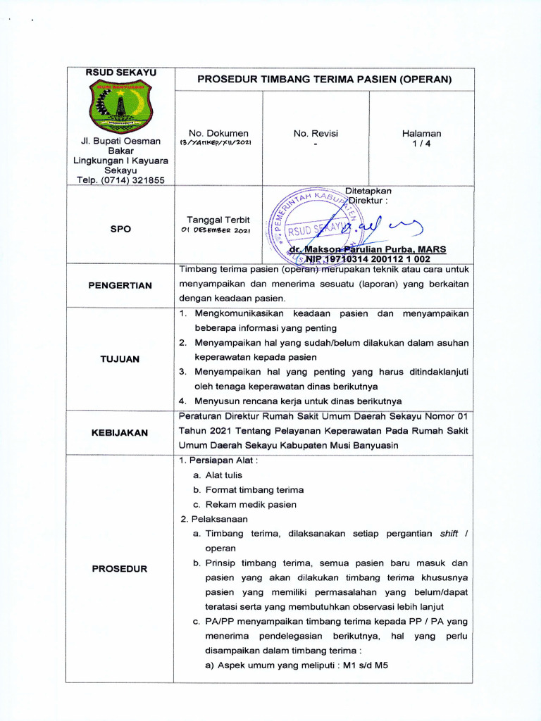 SPO Prosedur Timbang Terima Pasien (Operan) | PDF