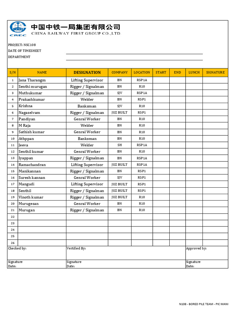 NSC108 Timesheet for Bored Pile Team | PDF