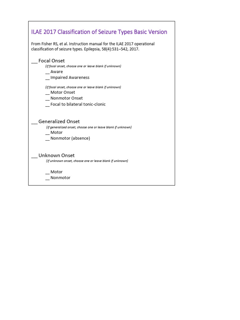 Ilae 2017 Classification of Seizure Types Checklist Form | PDF