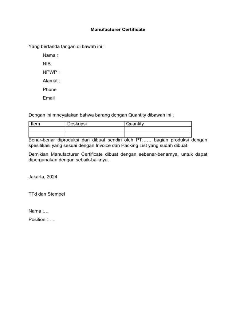 Format Manufacturer Certificate Bahasa Indonesia | PDF