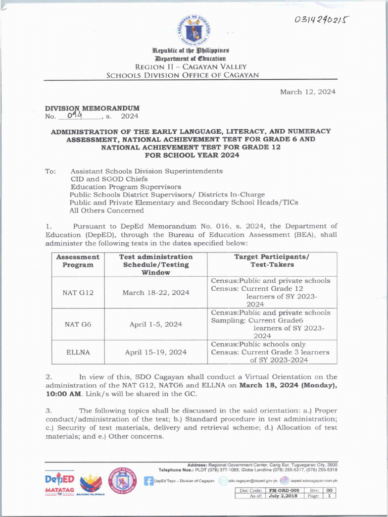 Dvm No. 094 s. 2024 Administration of the Early Language Literacy and ...