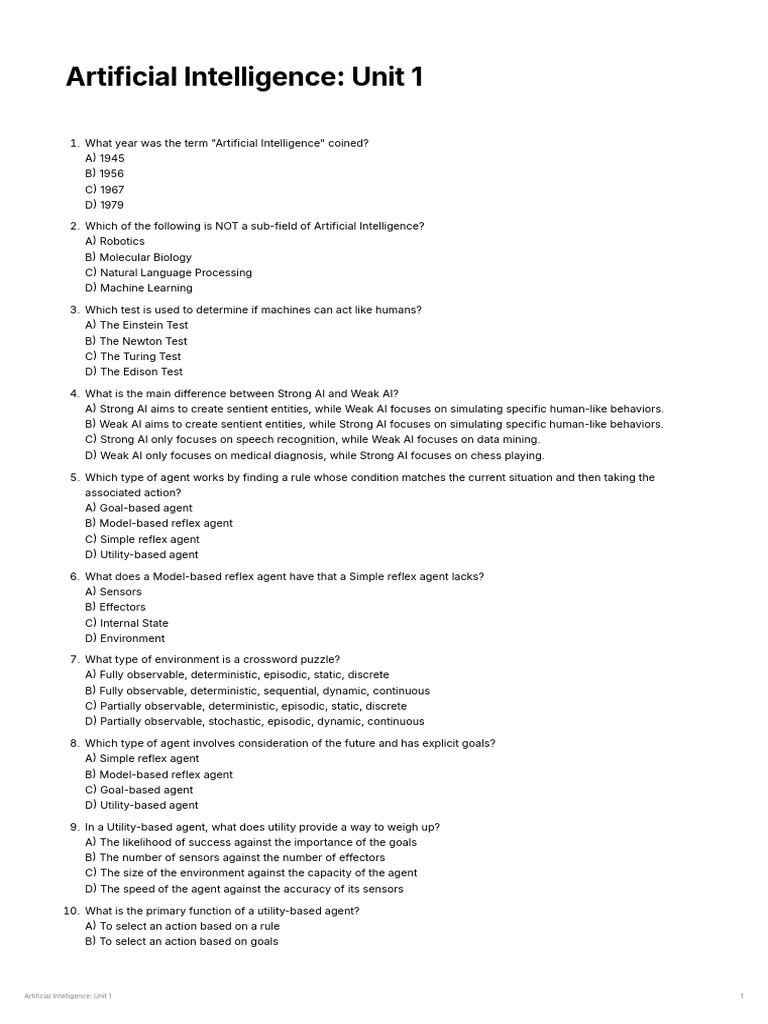 Artificial - Intelligence - Unit - 1 MCQ | PDF | Artificial Intelligence | Intelligence (AI ...