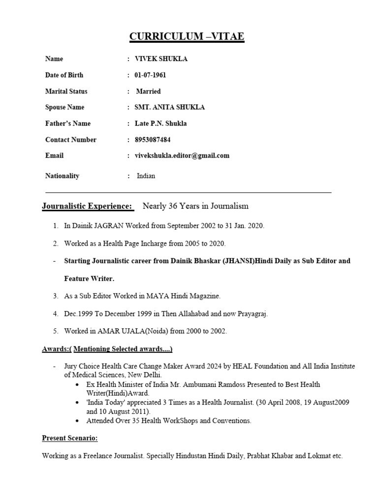 Mr. Vivek Shukla - CV | PDF | Self-Improvement