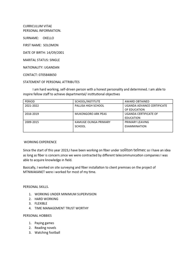 Solomon Okello's CV: Fiber Installation Expert | PDF | Career & Growth